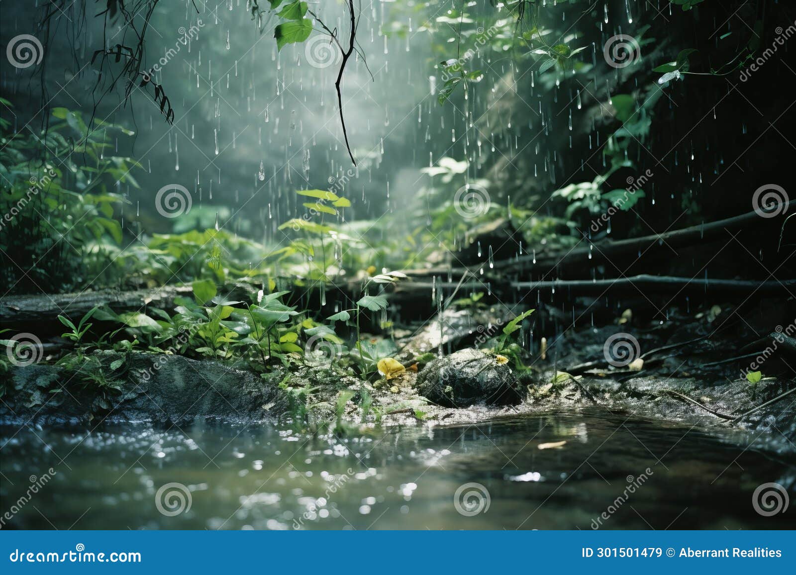 Rain Falls on a Stream in the Jungle Stock Illustration - Illustration ...
