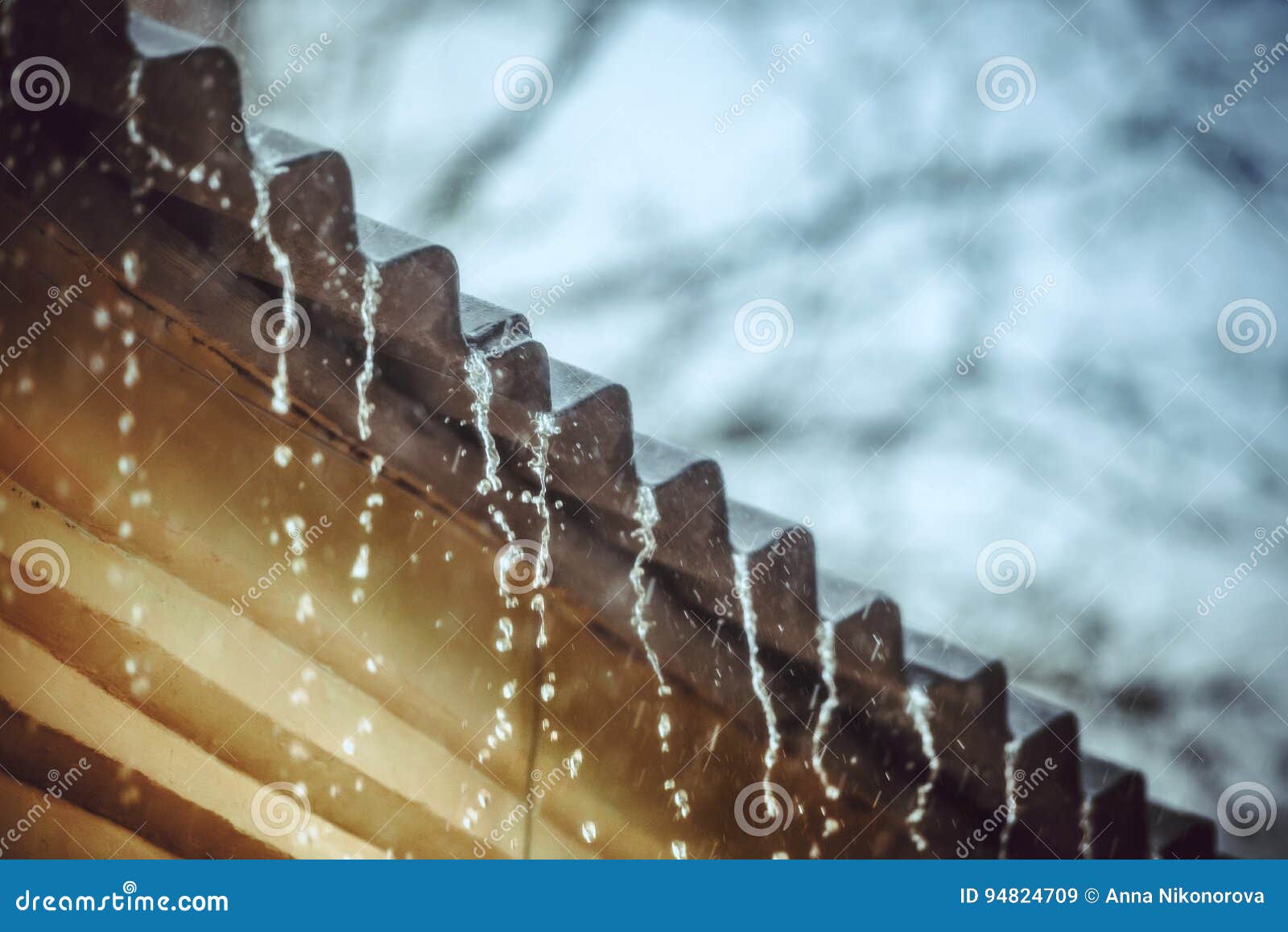 Rain Flows Down from a Roof Down Stock Image - Image of sunrise, rainy ...
