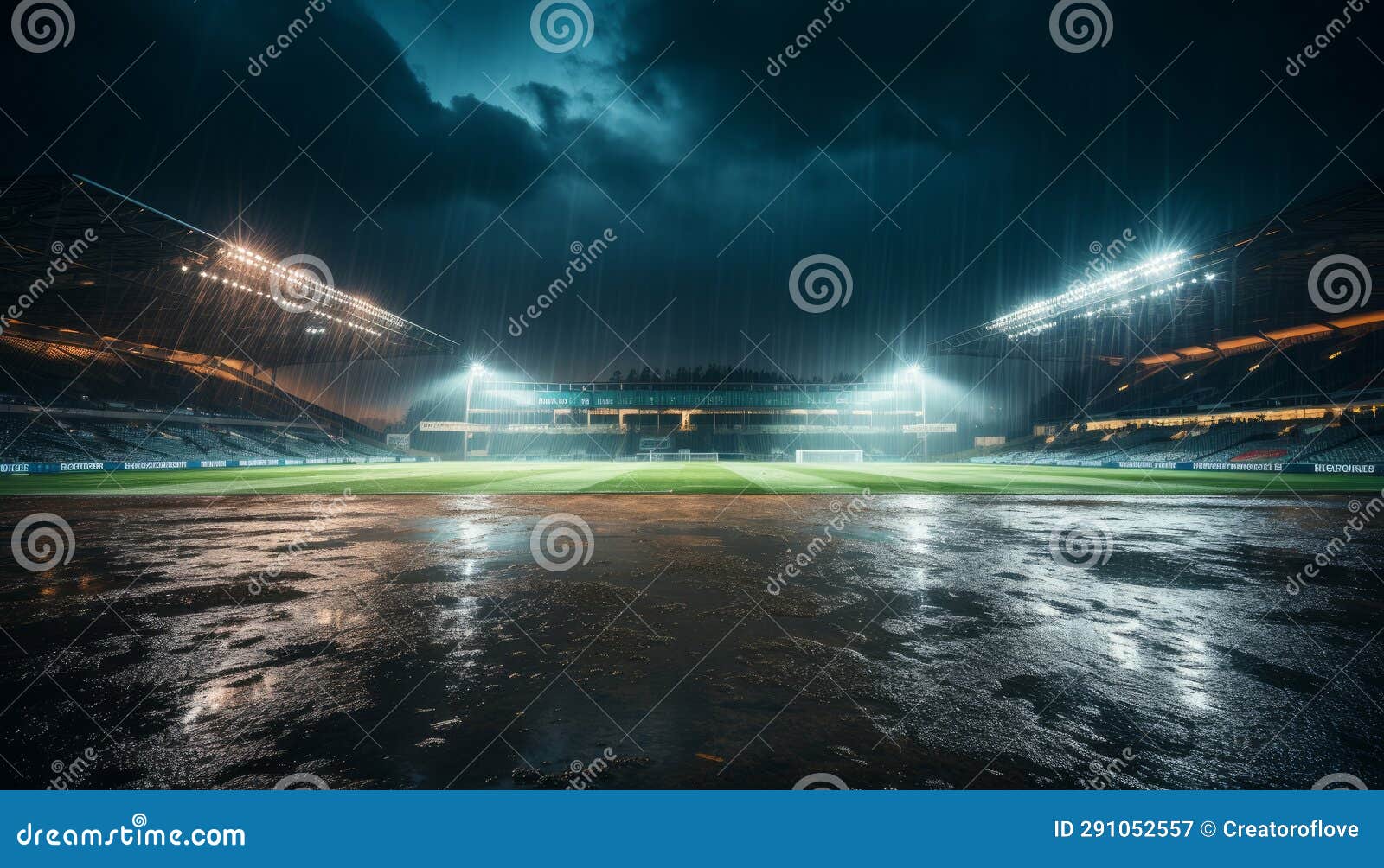 Rain in Football Stadium at Night Generative AI Stock Illustration ...