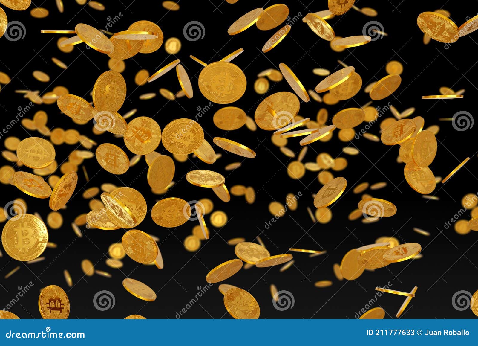 Rain of Golden Bitcoins on Black Background. 3d Illustration Stock ...
