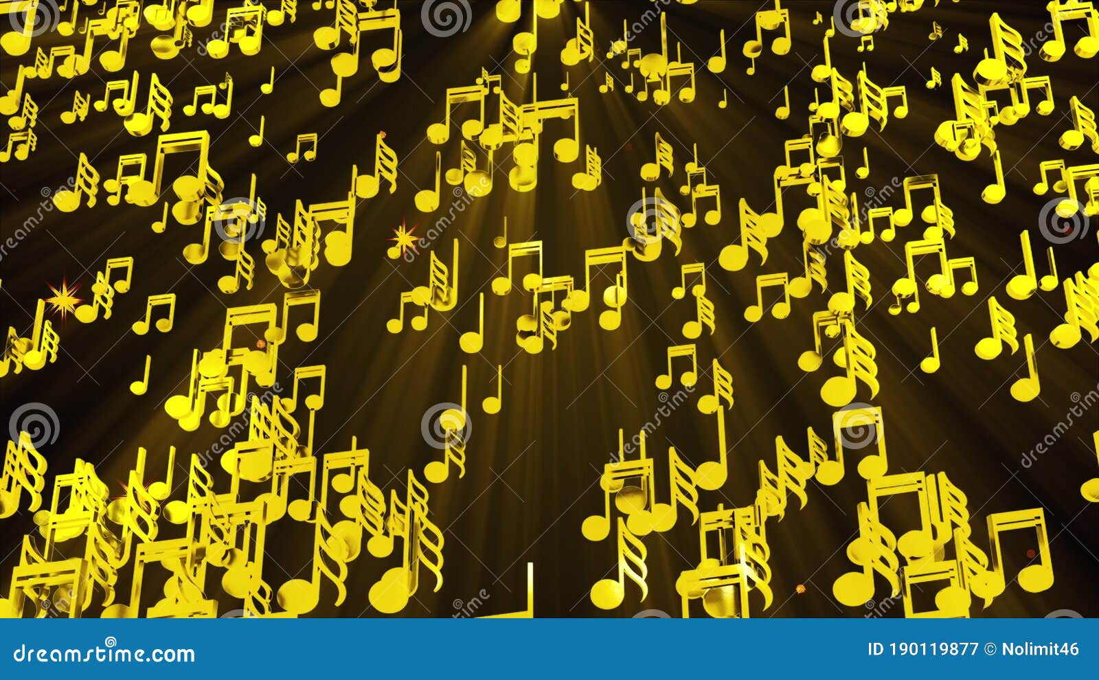 Rain Of Golden Musical Notes, Computer Generated. 3D Rendering Melodic ...