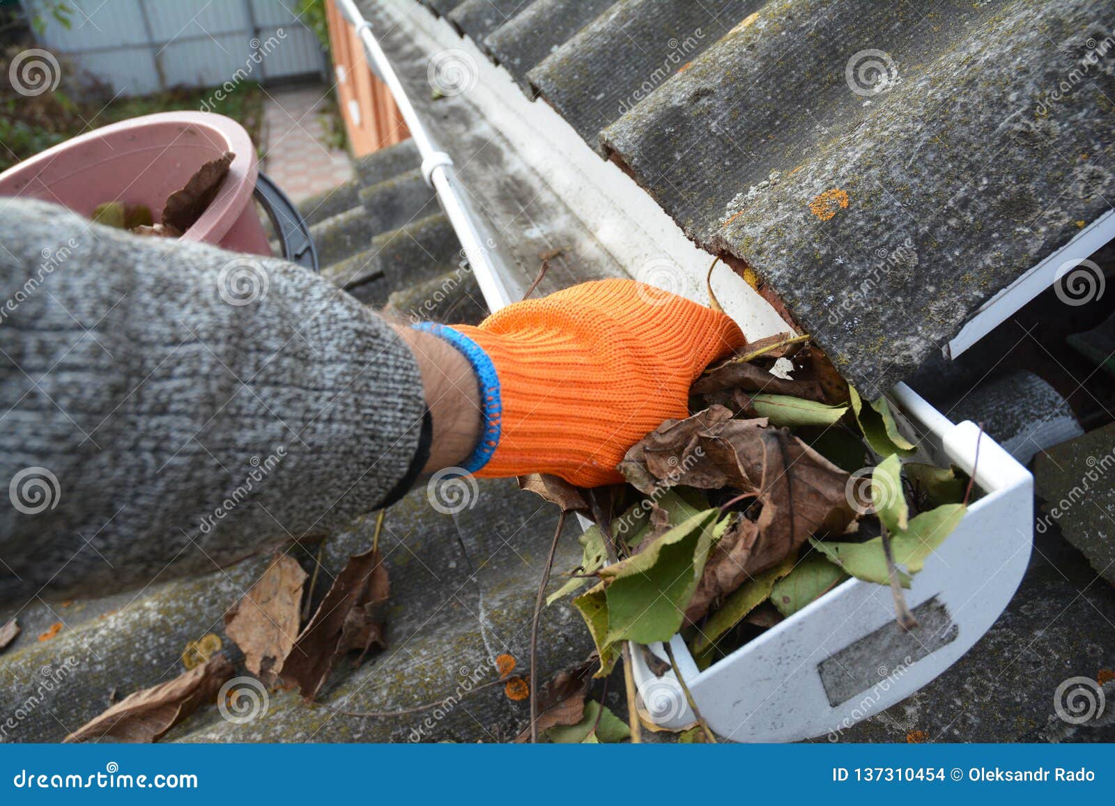 Rain Gutter Cleaning from Leaves in Autumn with Hand. Roof Gutter ... Rain Gutter Cleaning from Leaves in Autumn with Hand. Roof Gutter ...