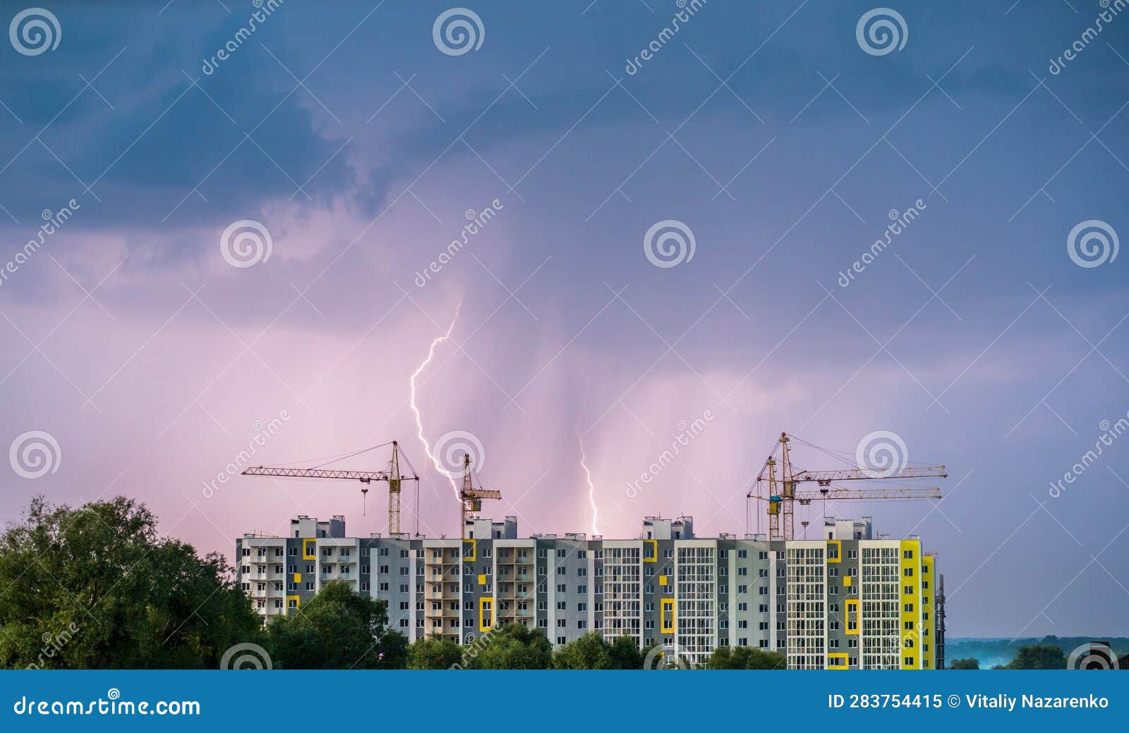 Rain with Lightning Over a Construction Site Where Residential ...