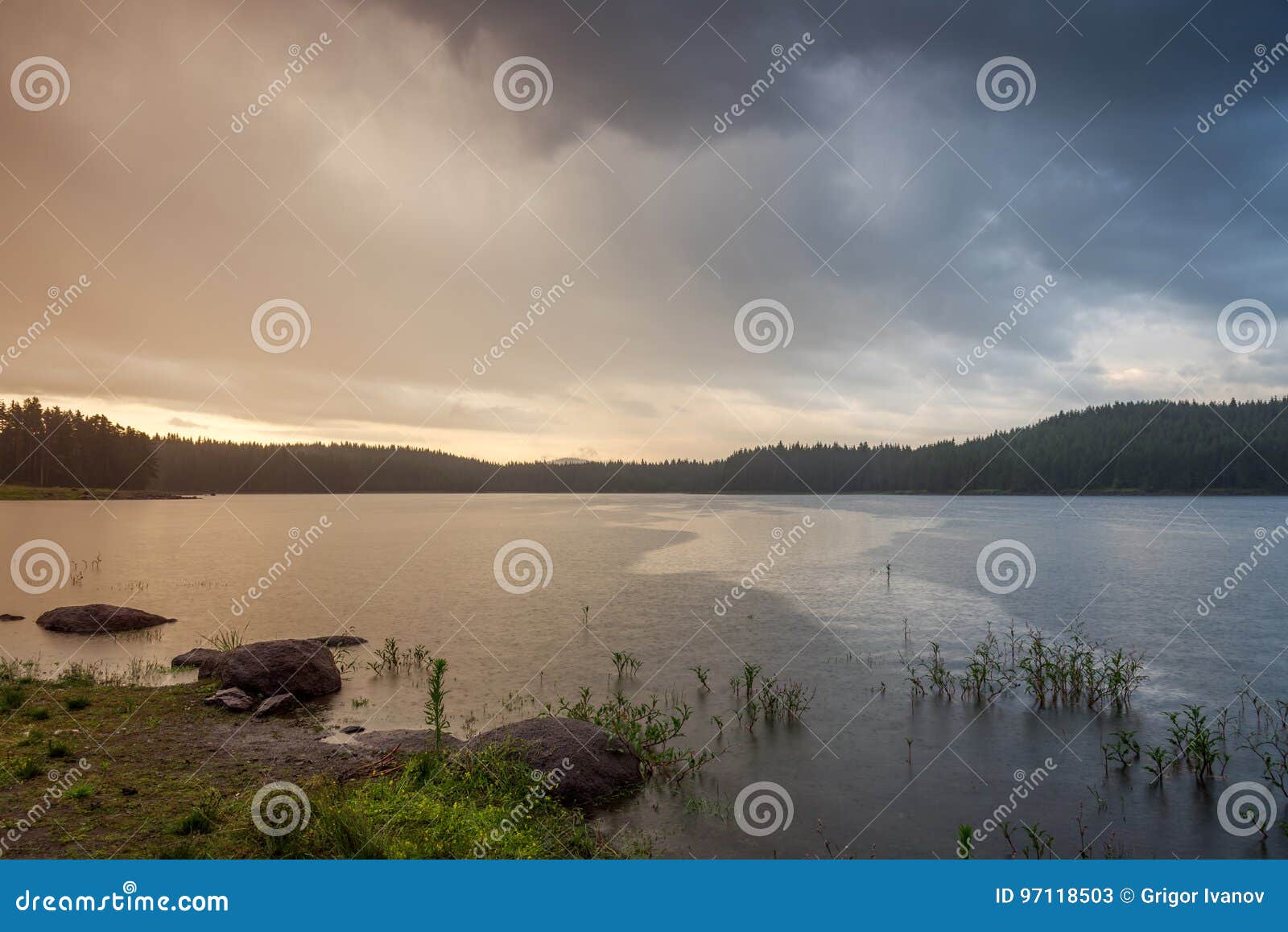 Rain Over the Lake at Sunset Stock Image - Image of cloudscape ...