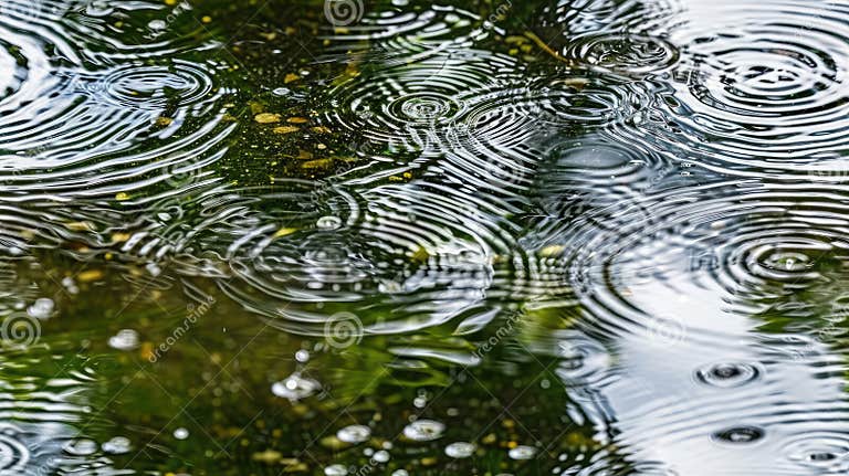 Rain Pattern on the Water Surface, with Raindrops Creating Delicate ...