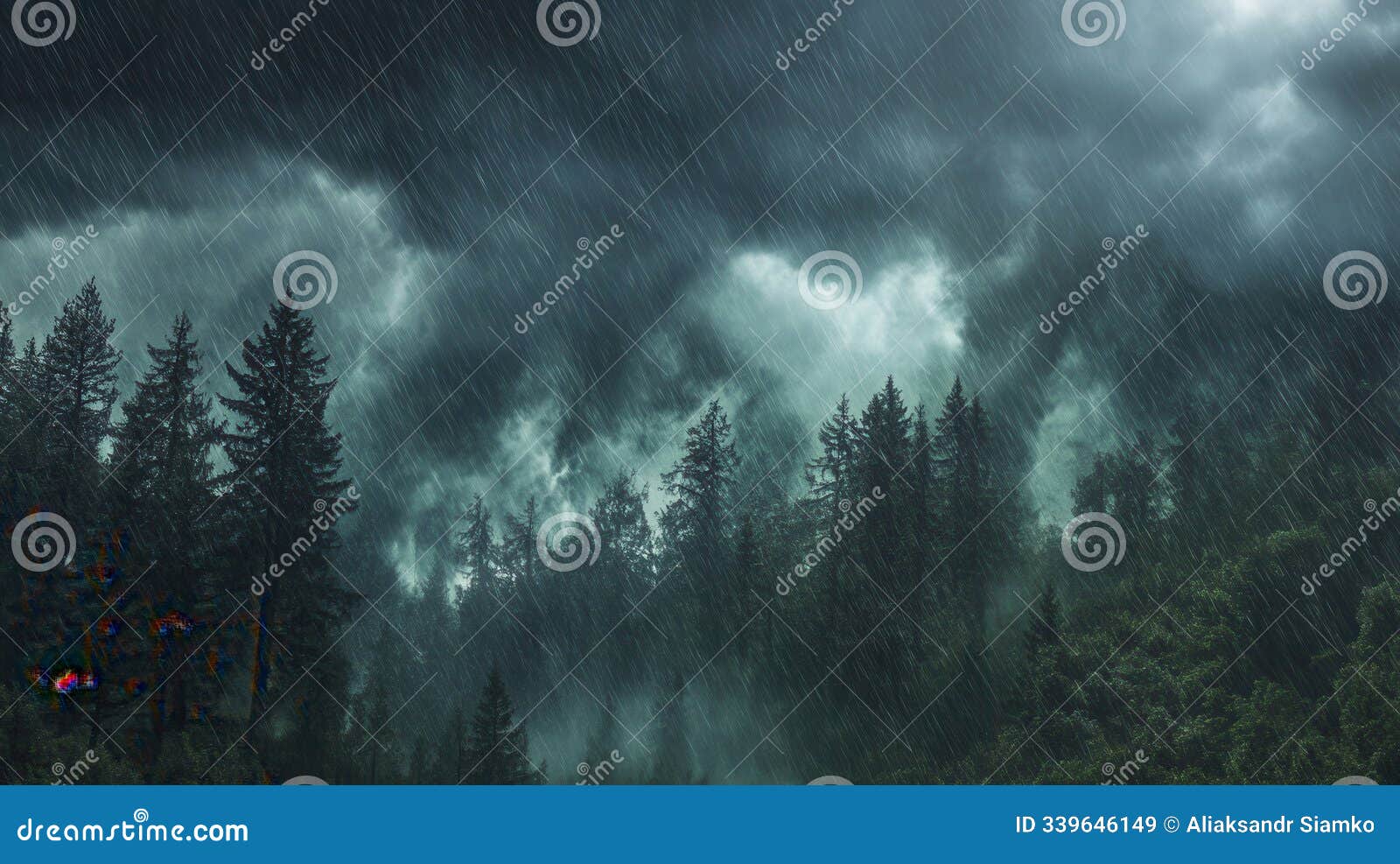 Rain Pouring Down on a Forest with Trees Bending in the Wind Under Dark ...