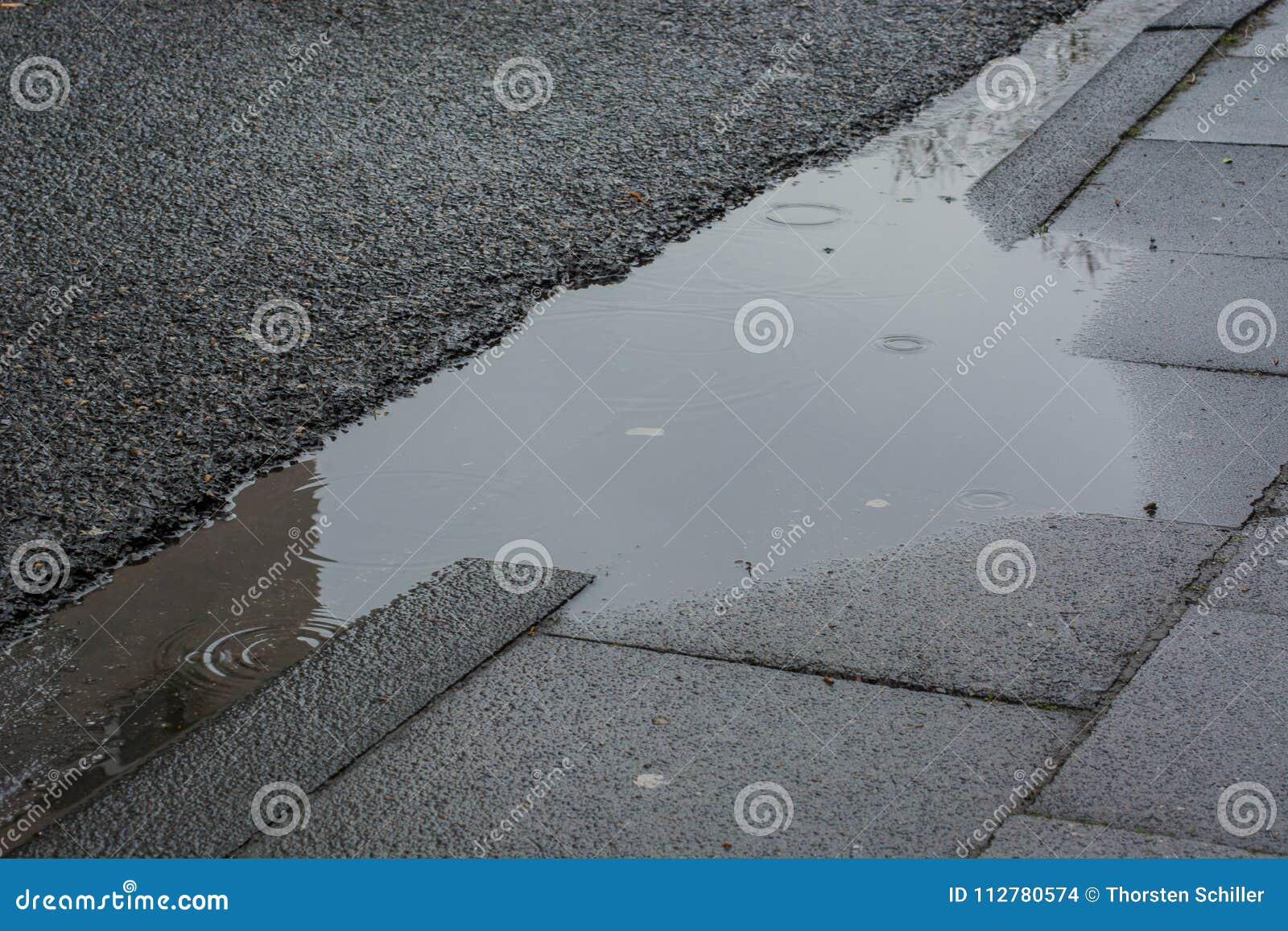 Rain Puddle, Water Drips and Grey Pavement Stock Photo - Image of ...