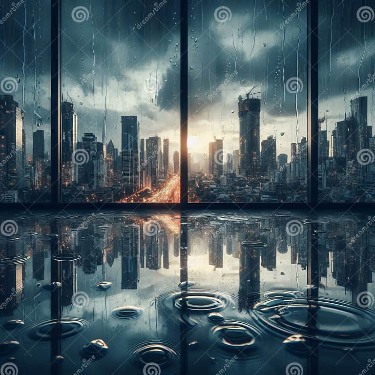 Rain and Reflections a Window Showing a Cityscape Reflected in a Stock Illustration ...