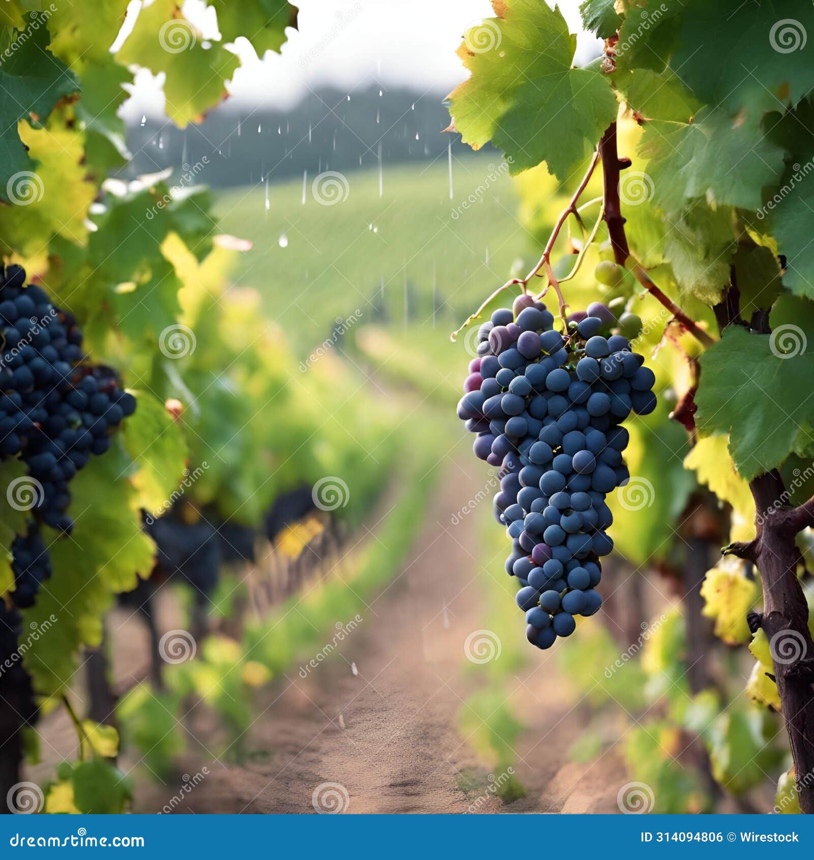 A Rain Shower Falls on a Vineyard Grape Cluster with Green Leaves Stock ...