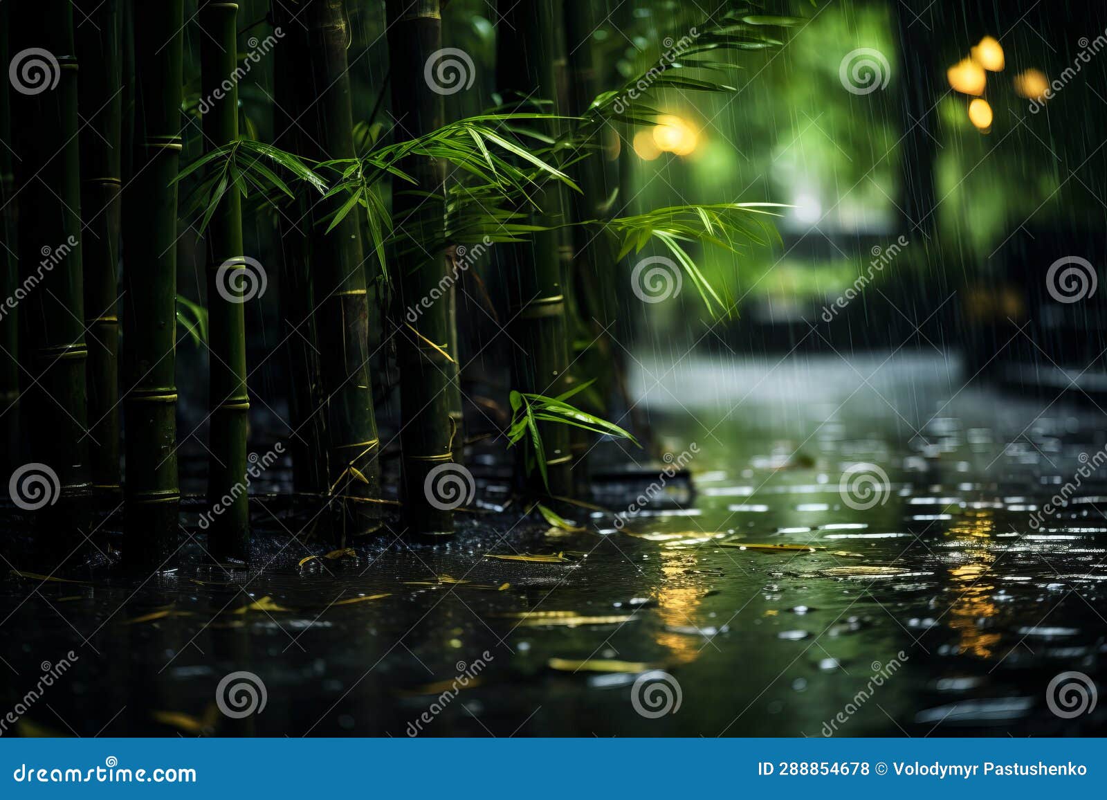 Rain Soaked Street with Bunch of Bamboo Trees in the Rain. Generative ...