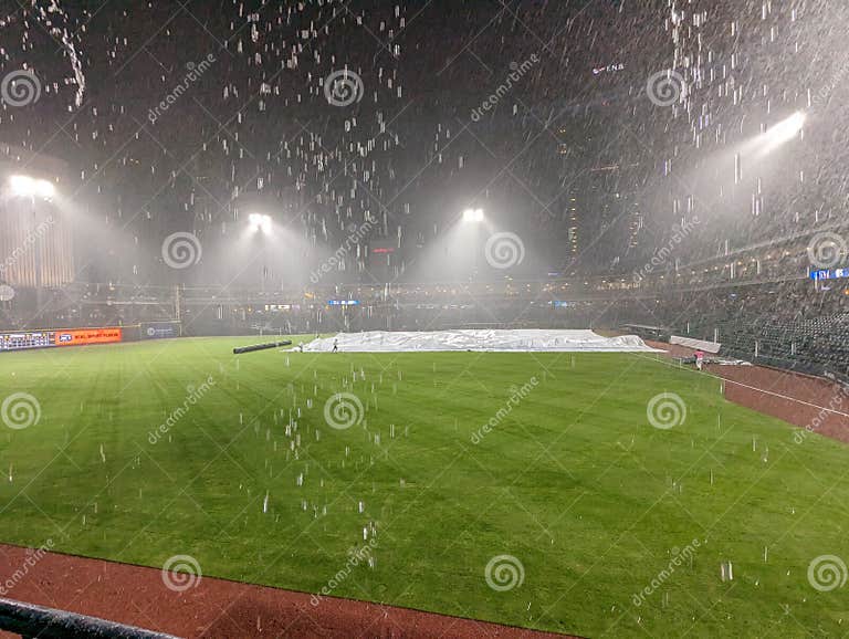 Rain and Thunder at Baseball Stadium during Game Stock Image - Image of ...