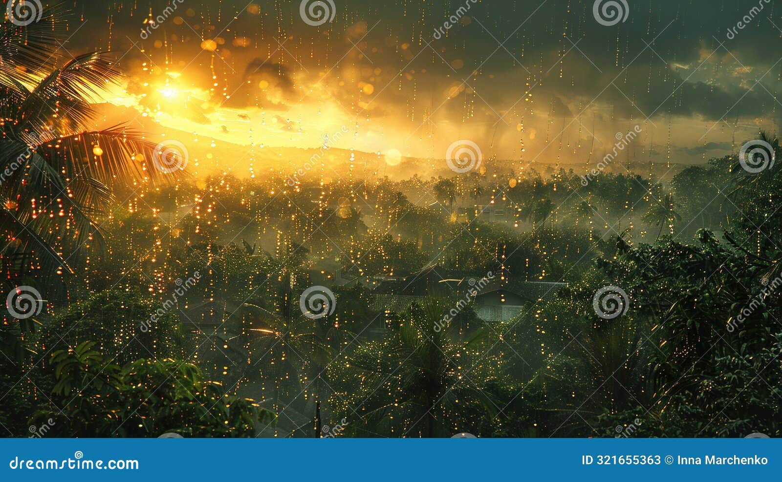 Rain in the Tropics at Dawn Stock Illustration - Illustration of ...