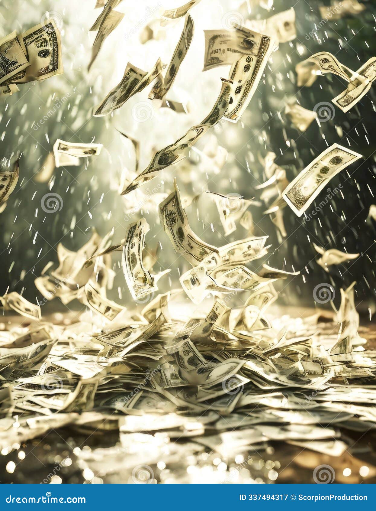 Rain of U.S. Dollar Bills Falling Dramatically with Sunlight Beams ...