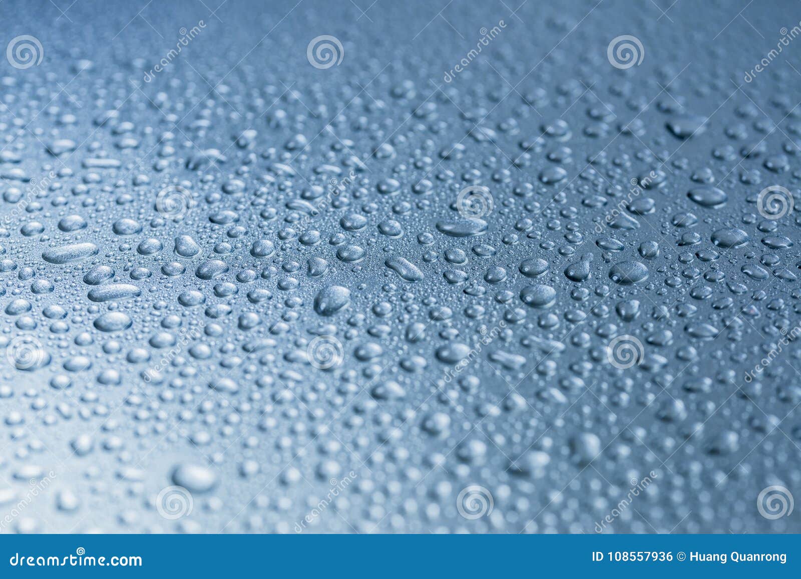 Rain water drops on blue stock photo. Image of texture - 108557936
