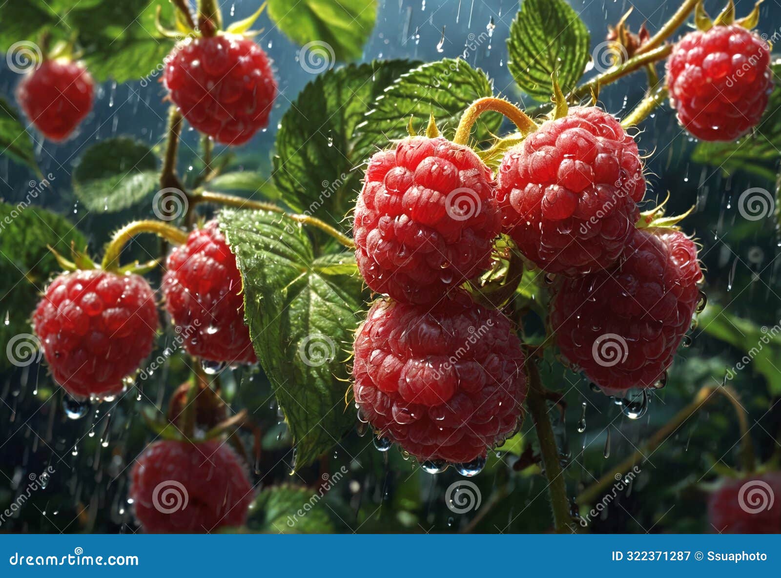 Rain Waters - Organic Raspberry Grows. Generative AI Stock Illustration ...