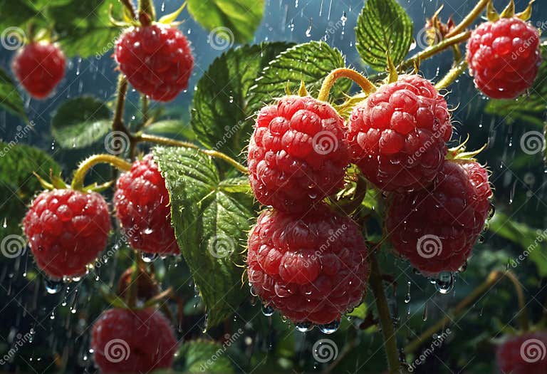 Rain Waters - Organic Raspberry Grows. Generative AI Stock Illustration ...