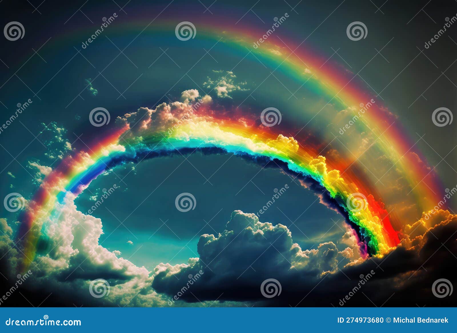 Rainbow Above Clouds in Blue Sky. Wide Angle Stock Photo - Image of ...