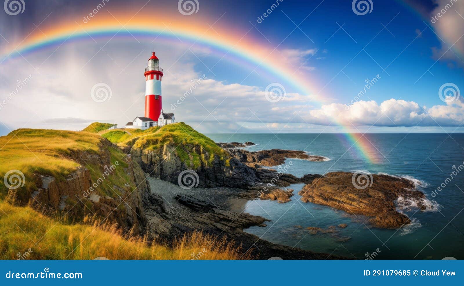 Rainbow Above a Coastal Lighthouse Stock Illustration - Illustration of ...