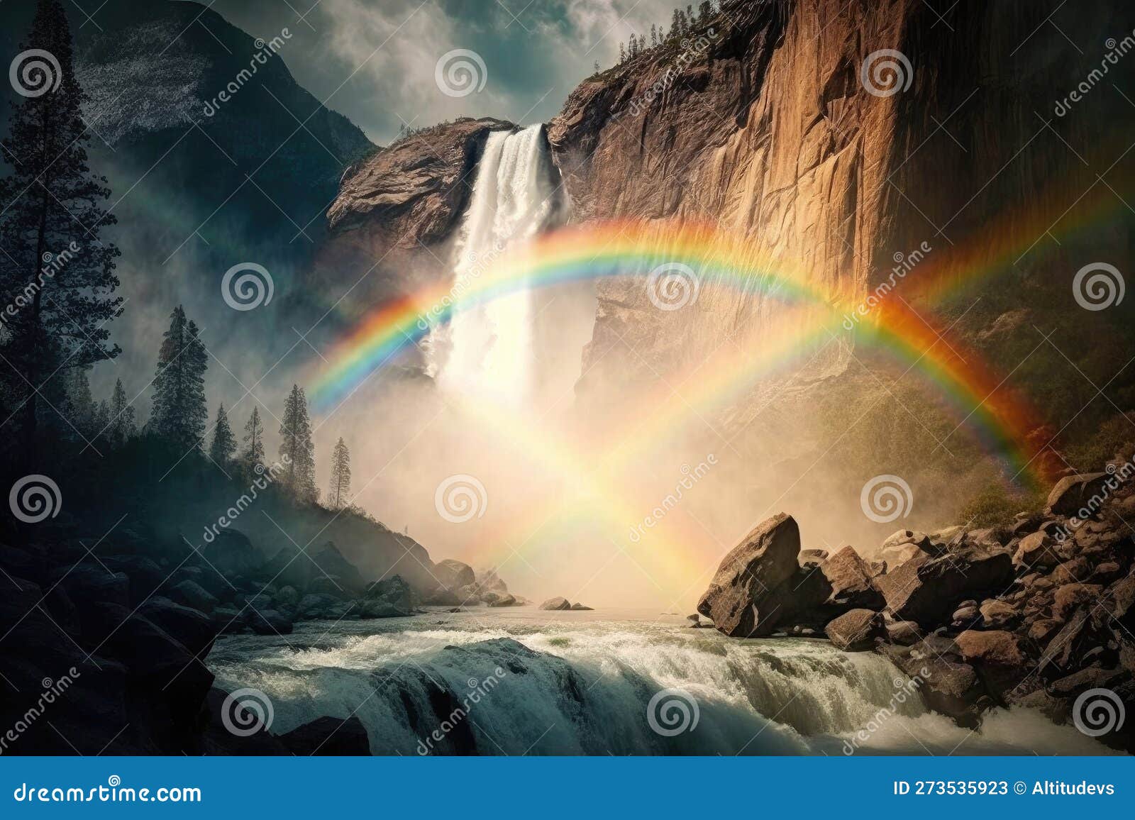 Rainbow Above a Misty Waterfall, with the Sunlight Shining through Stock Illustration ...