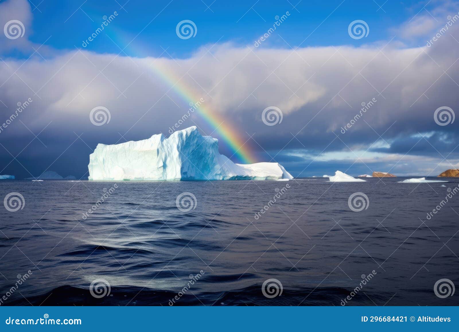 Rainbow Appearing Over Ocean with an Iceberg in the Foreground Stock ...