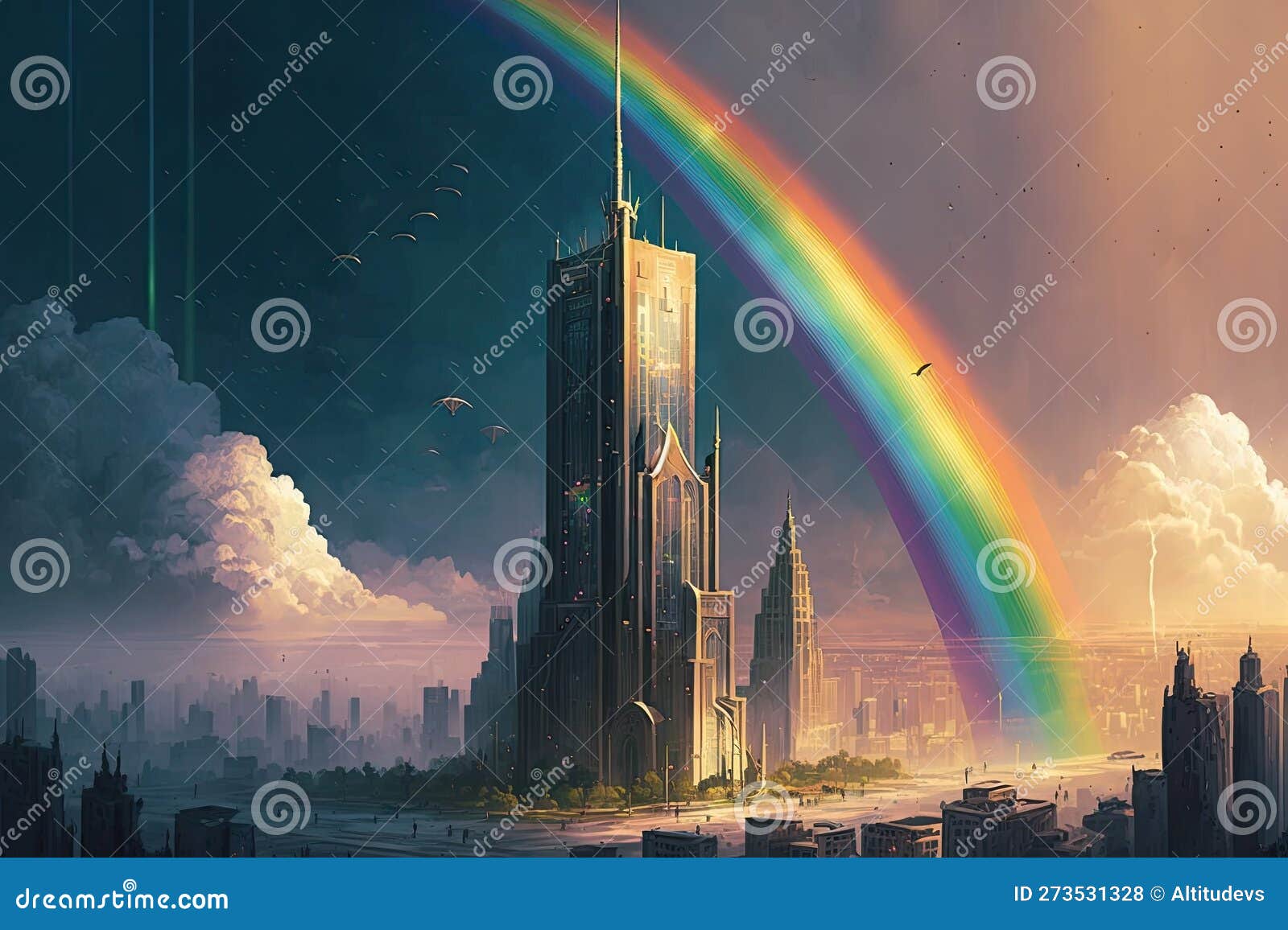 Rainbow Appearing Over a Skyscraper, with the Rest of the City in View ...