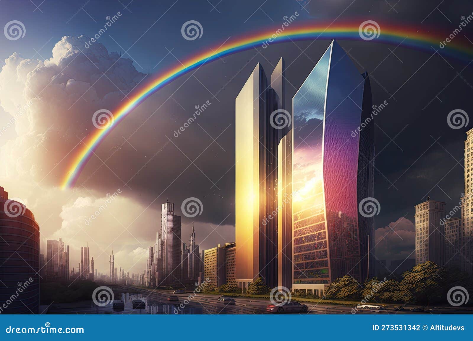 Rainbow Appearing Over a Skyscraper, with the Rest of the City in View ...