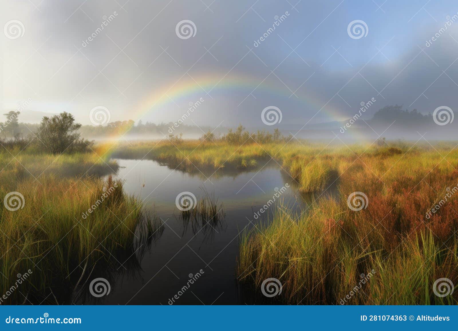 Rainbow Appearing Over a Wetland, with Mist Rising from the Water Stock ...