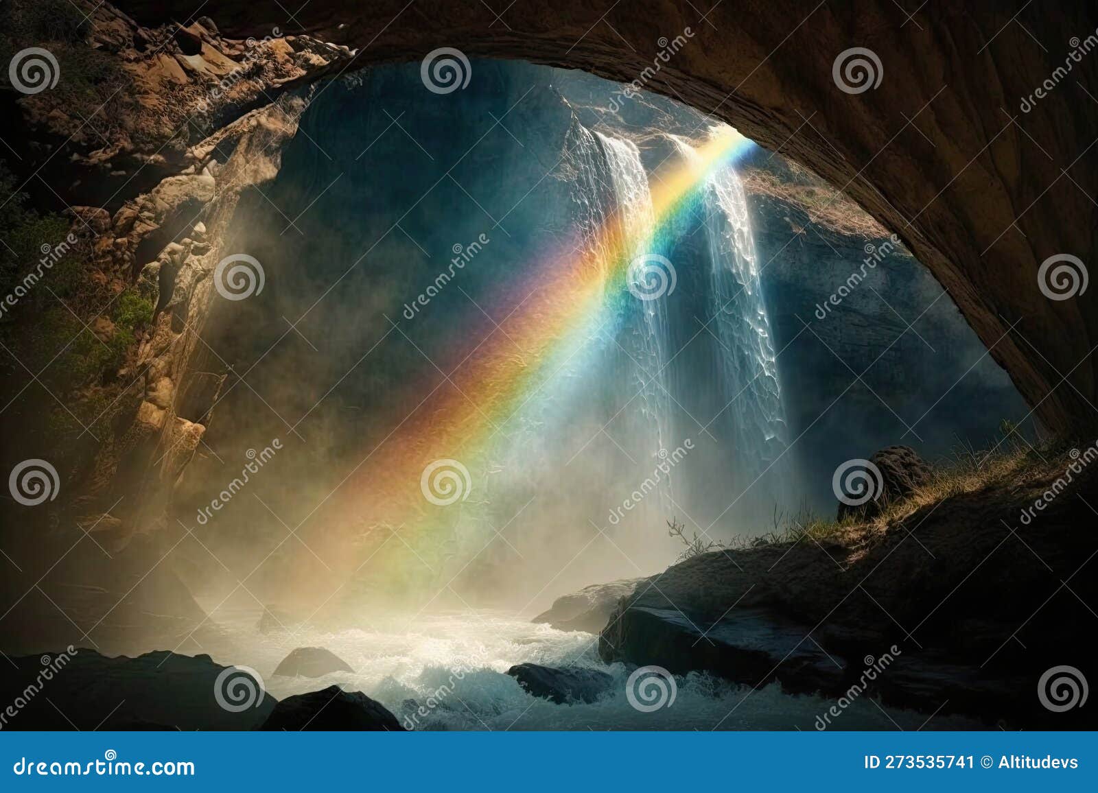 Rainbow Arched Over the Waterfall, with Rays of Light Shining through ...