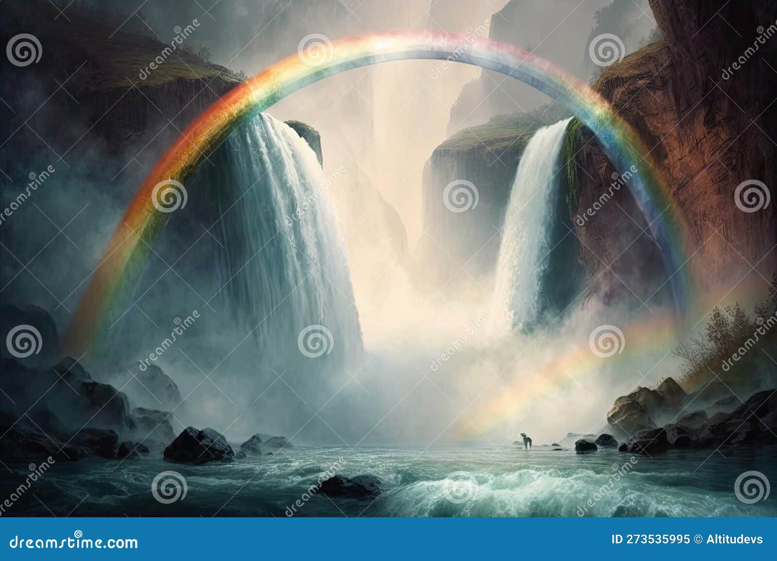 A Rainbow Arches Over a Waterfall, with Mist Billowing from the Water ...