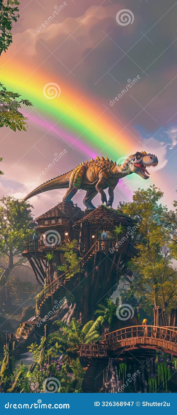 A Rainbow Arching Over A Treehouse In A Prehistoric Dinosaur Park With ...