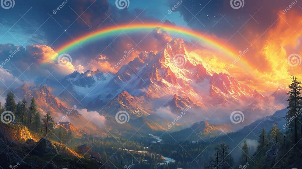Rainbow Arcing Over Majestic Mountain Ranges at Sunset Stock Photo ...