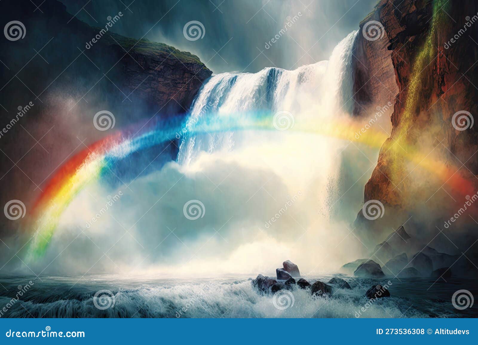 Rainbow Arcing Over Roaring Waterfall, with Mist Rising from the Water ...