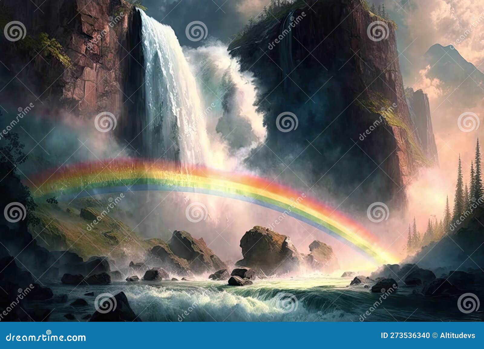 Rainbow Arcing Over Roaring Waterfall, with Mist Rising from the Water ...