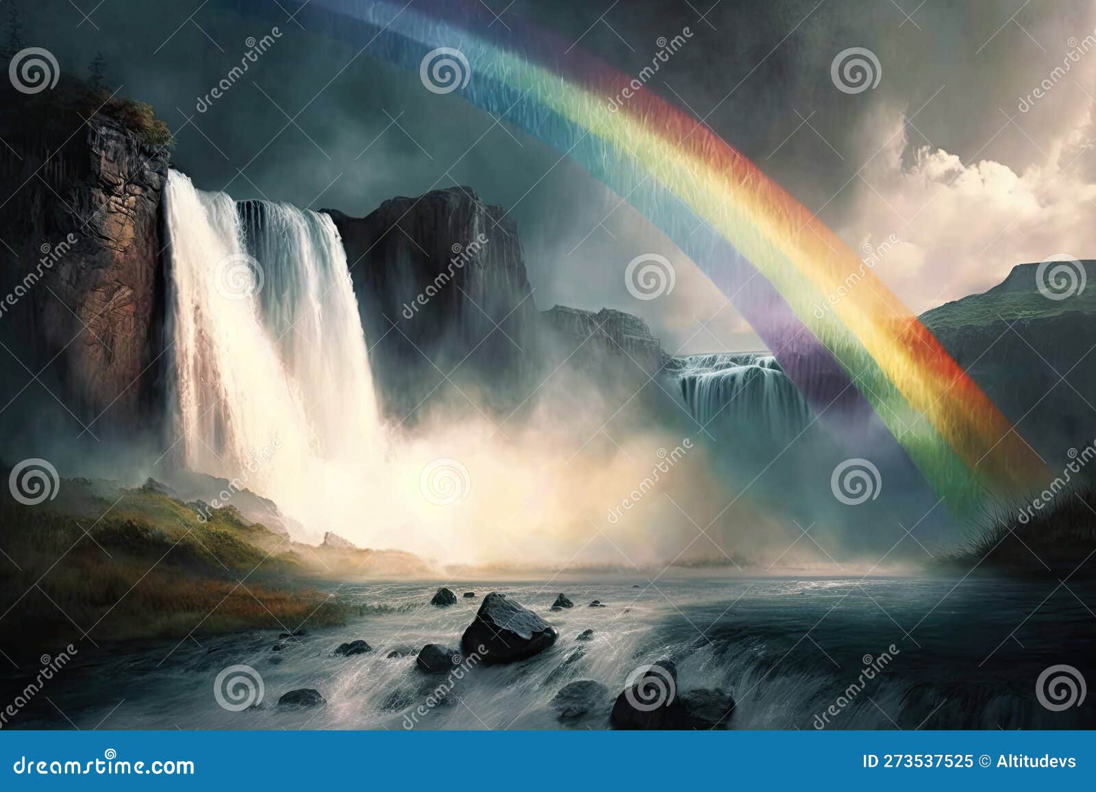 Rainbow Arcing Over a Thundering Waterfall, with Mist Rising from the ...