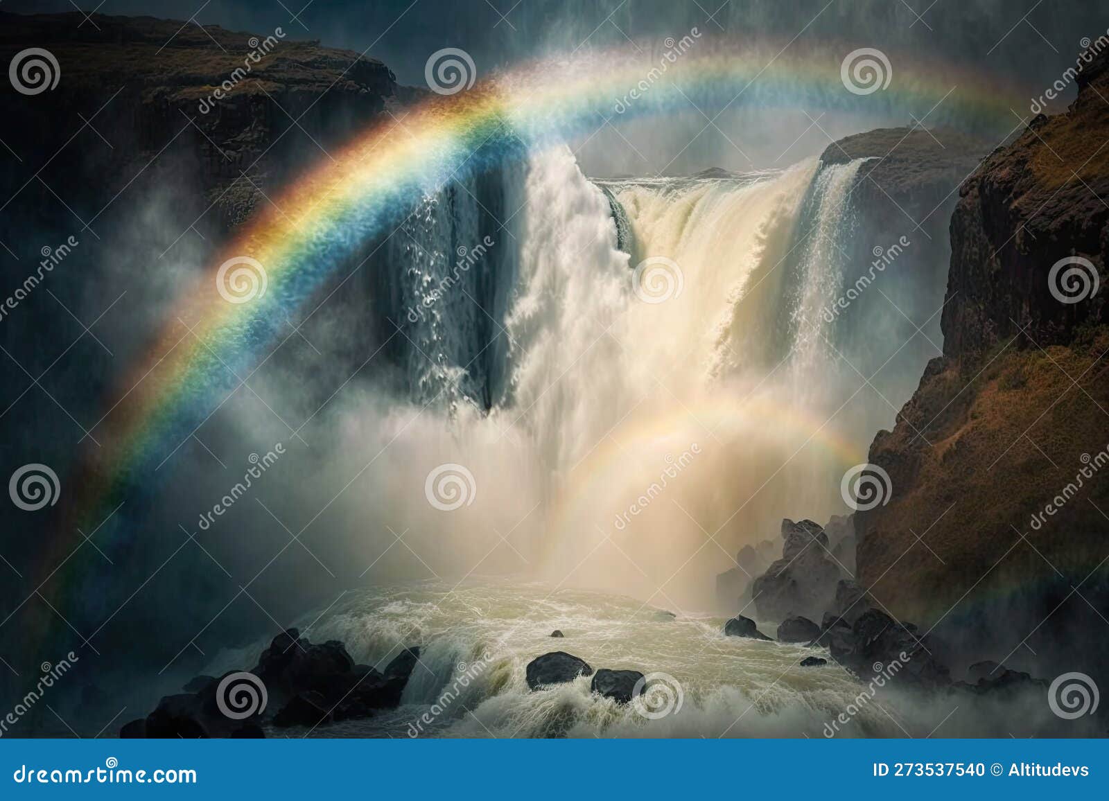 Rainbow Arcing Over a Thundering Waterfall, with Mist Rising from the ...
