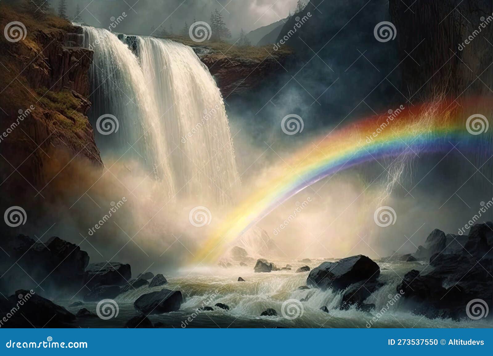 Rainbow Arcing Over a Thundering Waterfall, with Mist Rising from the ...