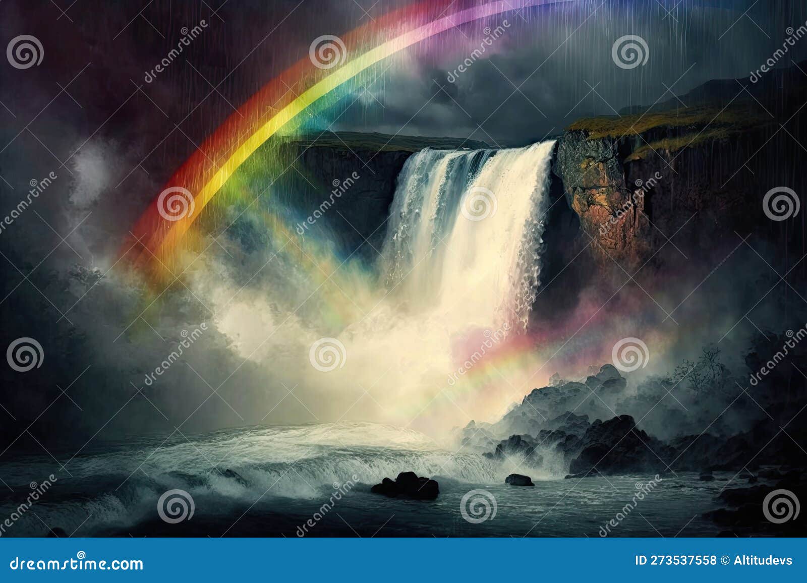 Rainbow Arcing Over a Thundering Waterfall, with Mist Rising from the ...