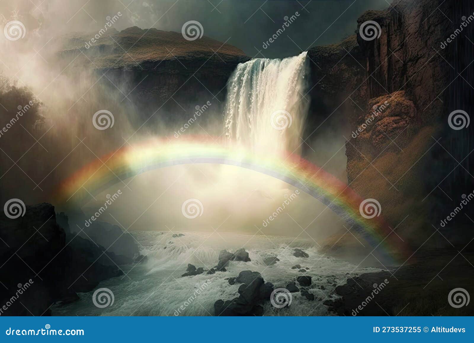 A Rainbow Arcing Over a Waterfall, with Mist and Rain Adding To the ...