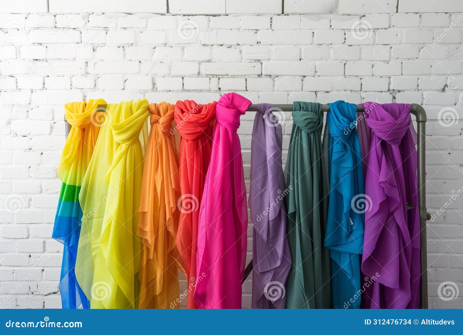 Rainbow Assortment of Hijabs on a Metal Rack with a White Brick Wall ...