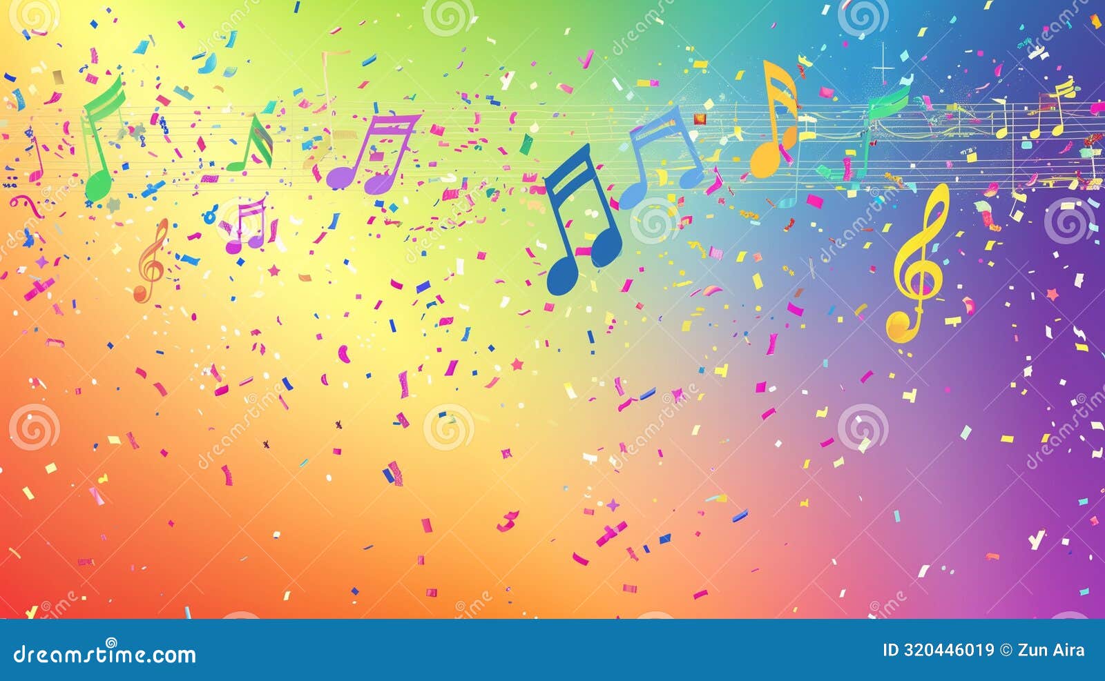 Rainbow Background with Musical Notes and Confetti Stock Illustration ...