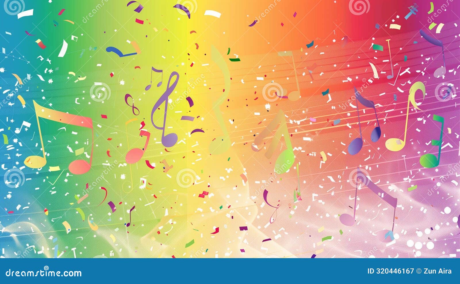 Rainbow Background with Musical Notes and Confetti Stock Illustration ...