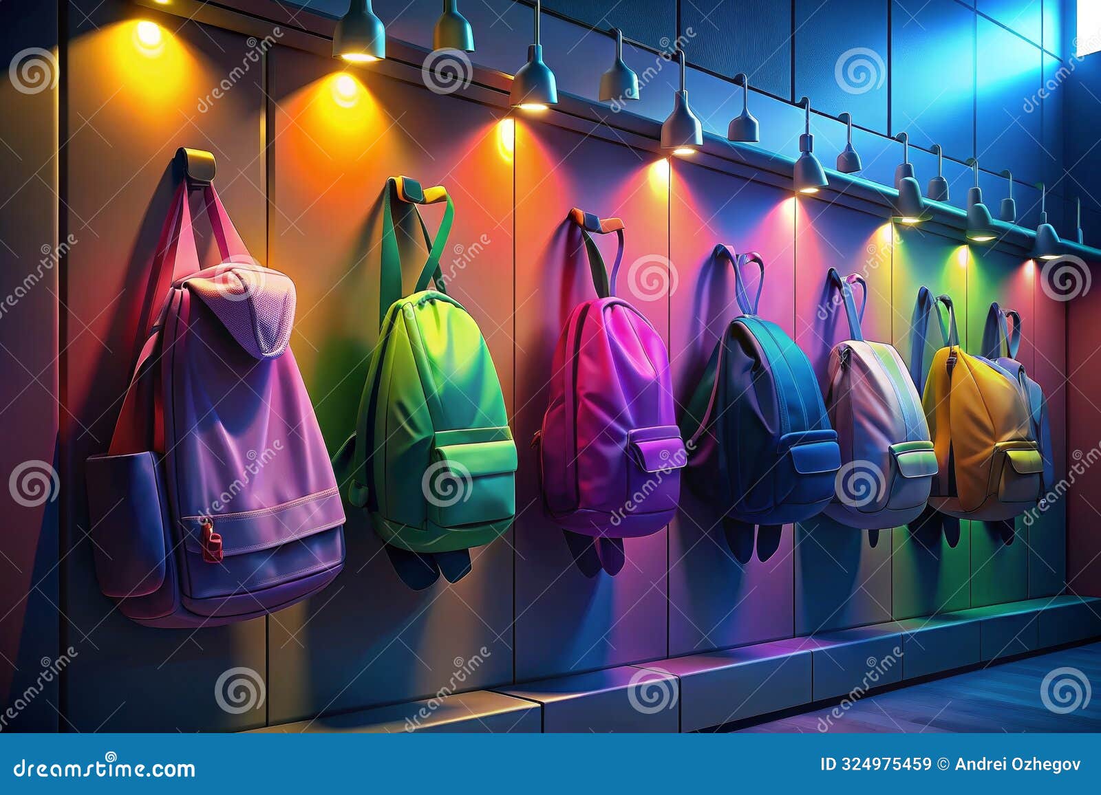A Rainbow of Backpacks Under Warm, Glowing Lights in an Empty School ...