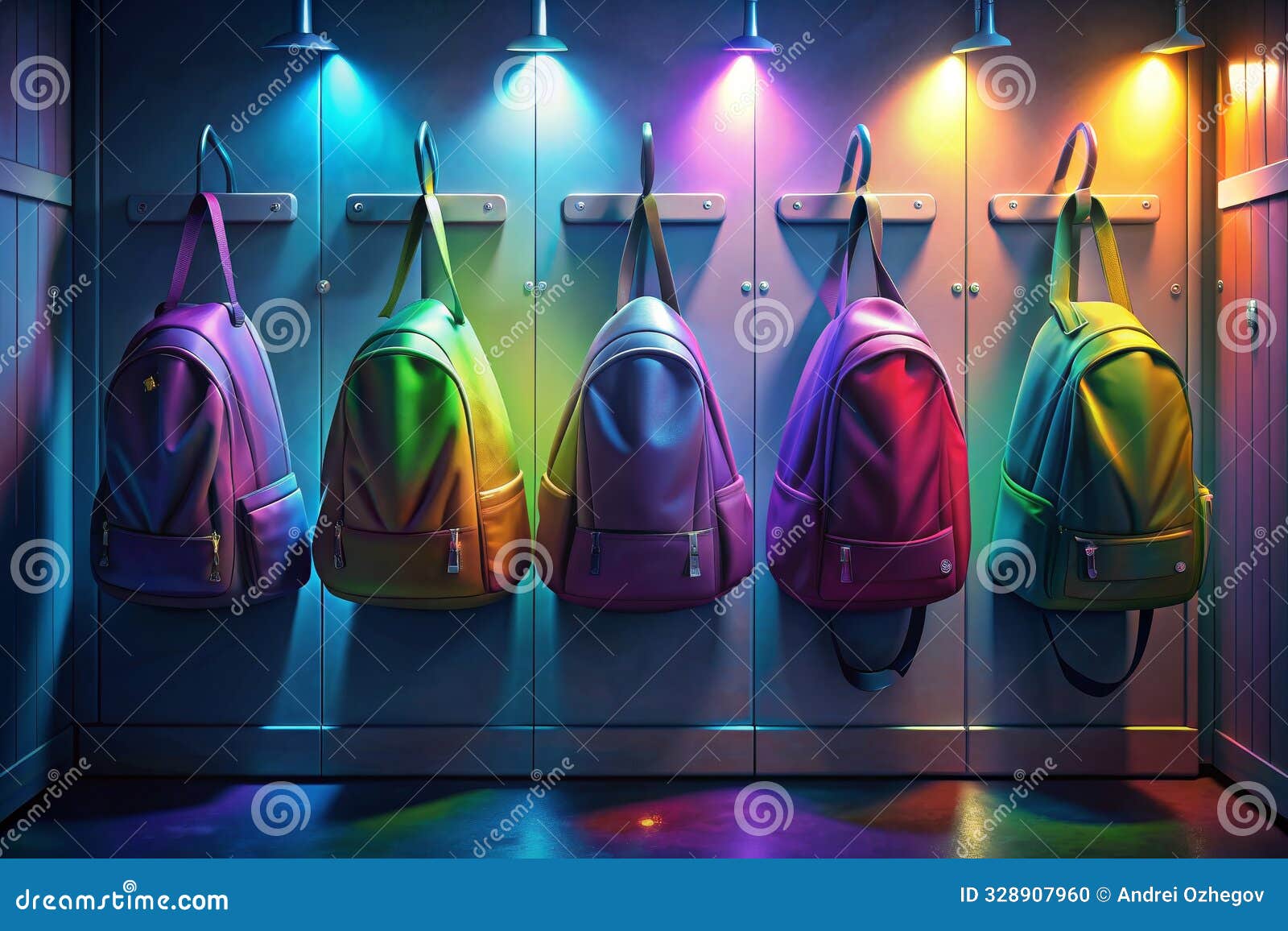 A Rainbow of Backpacks Under Warm, Glowing Lights in an Empty School ...