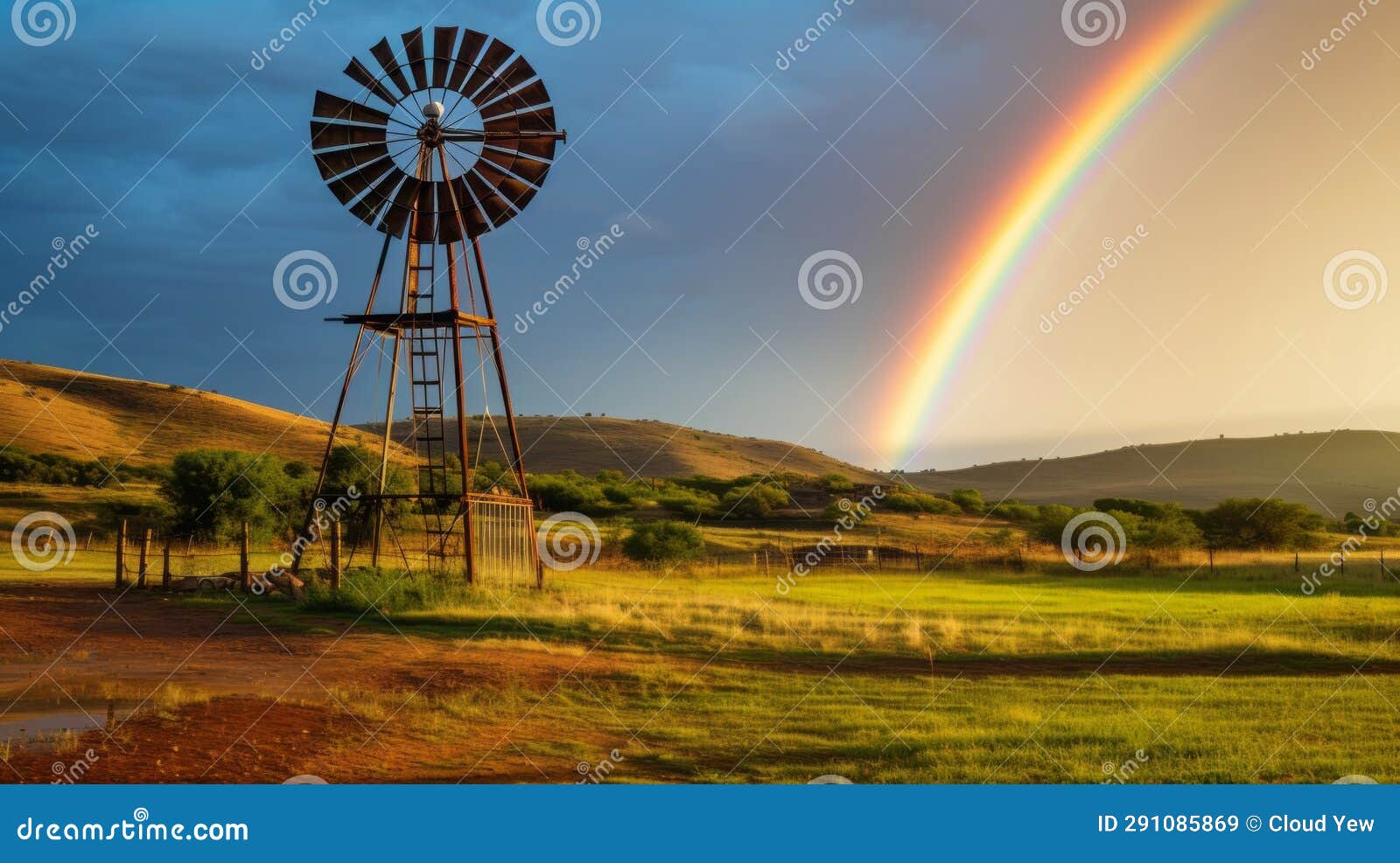 Rainbow behind a windmill stock illustration. Illustration of blue ...