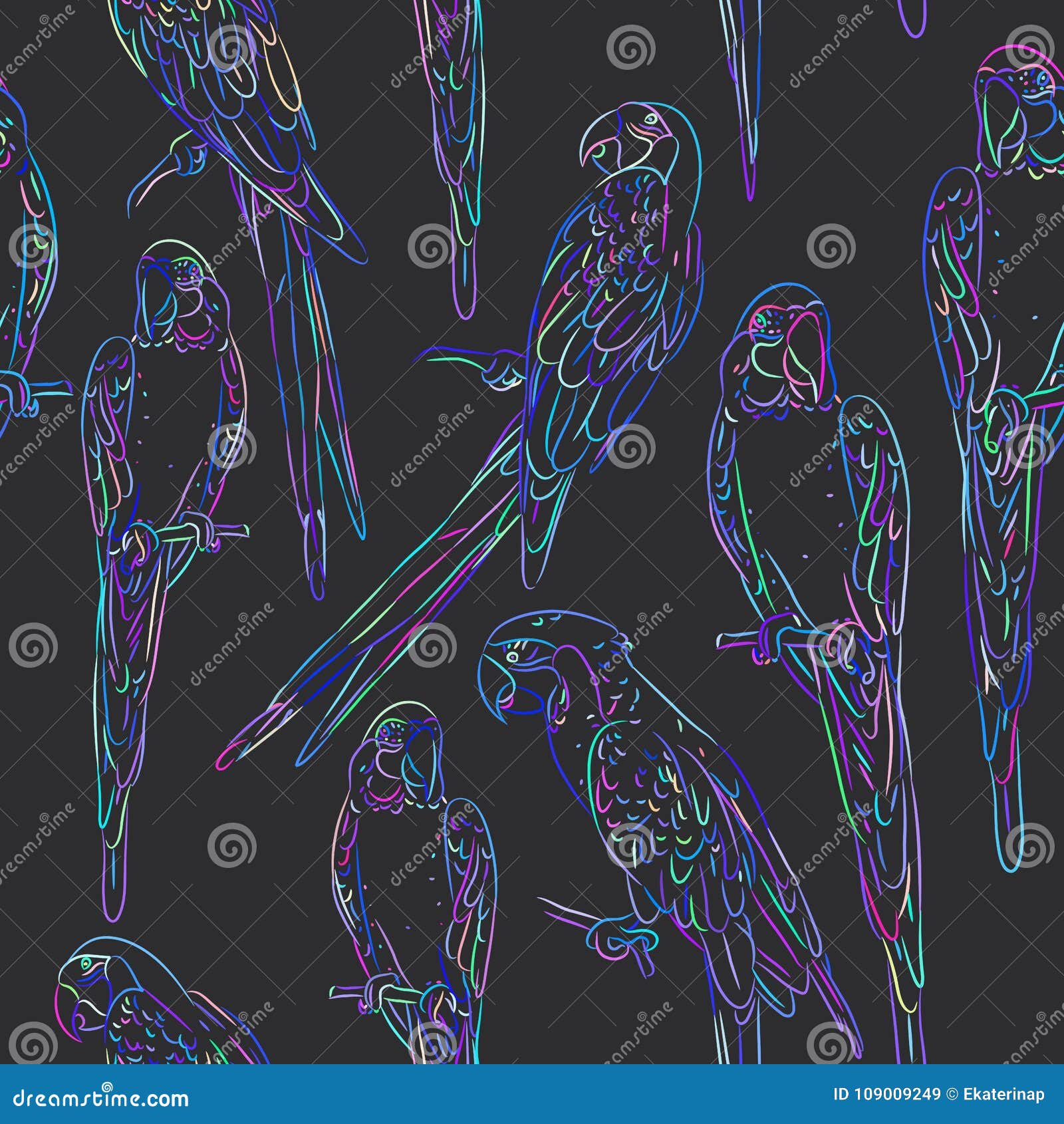 Rainbow Blue Macaw Sketch Seamless Pattern on Black Background Textile ...