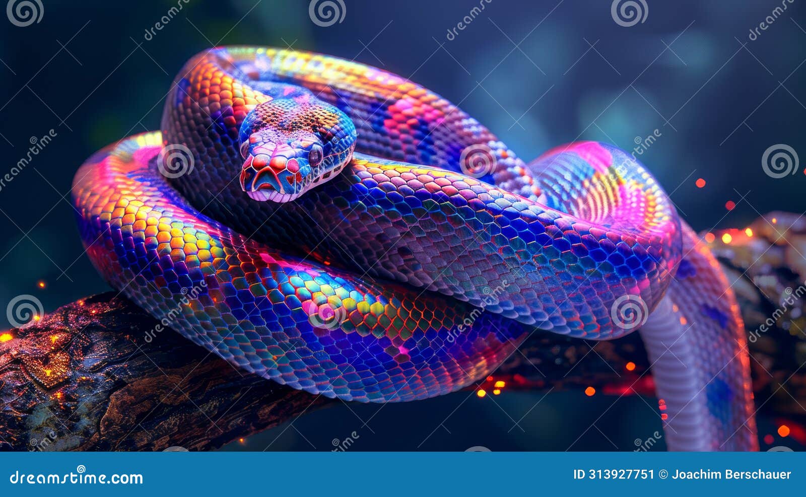 Rainbow Boa Constrictor Coiled Around Branch, Iridescent Scales ...
