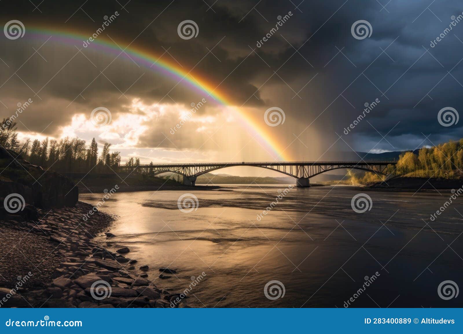 Rainbow Bridge Emerging from Storm Clouds Stock Image - Image of ...