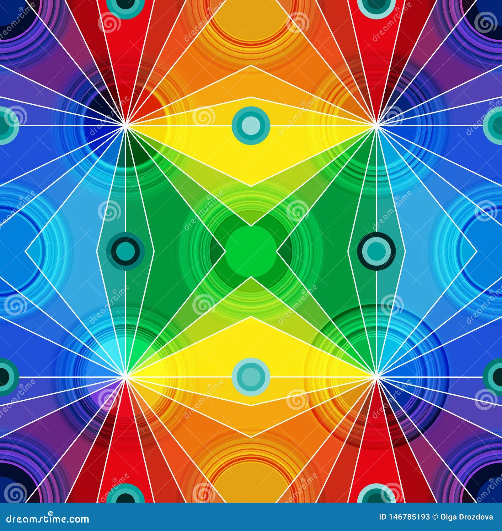 Rainbow Bright Geometric Seamless Pattern with Circles and Rays Stock ...