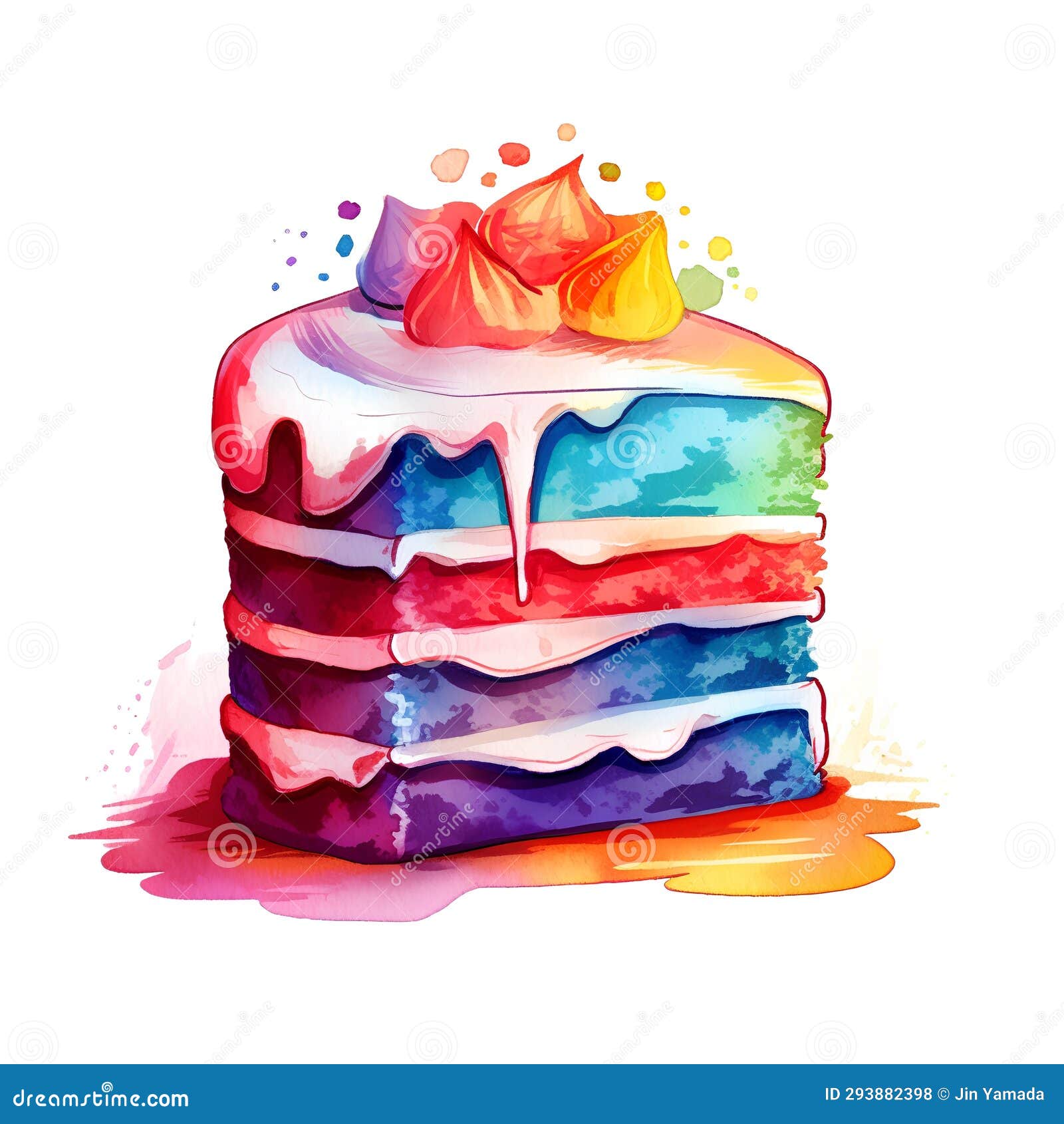 Rainbow Cake with Cream, Watercolor Splash. Vector Illustration Stock ...
