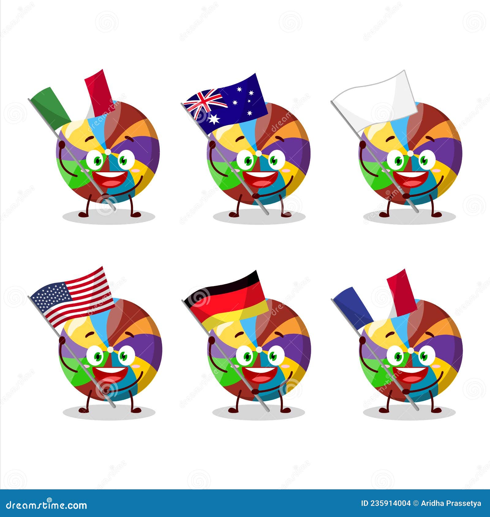 Rainbow Candy Cartoon Character Bring the Flags of Various Countries ...